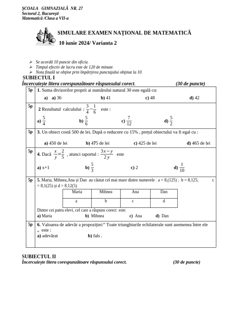 Simulare 2 Clasa 7a 2024 | PDF