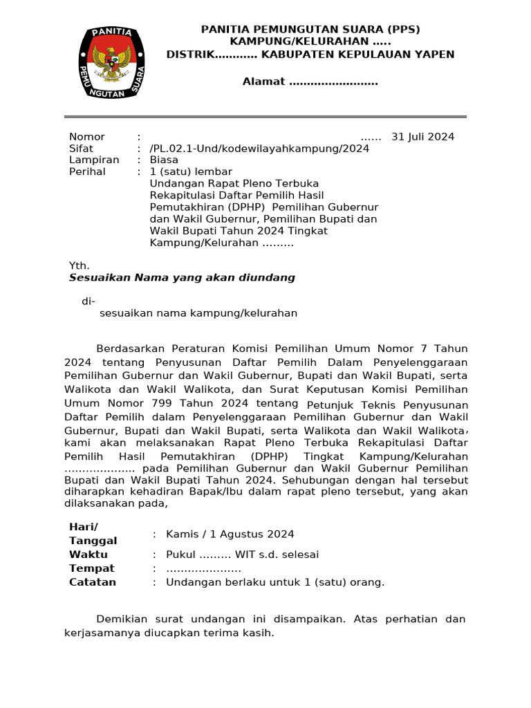 Undangan Rapat Pleno DPHP 2024 | PDF | Politics