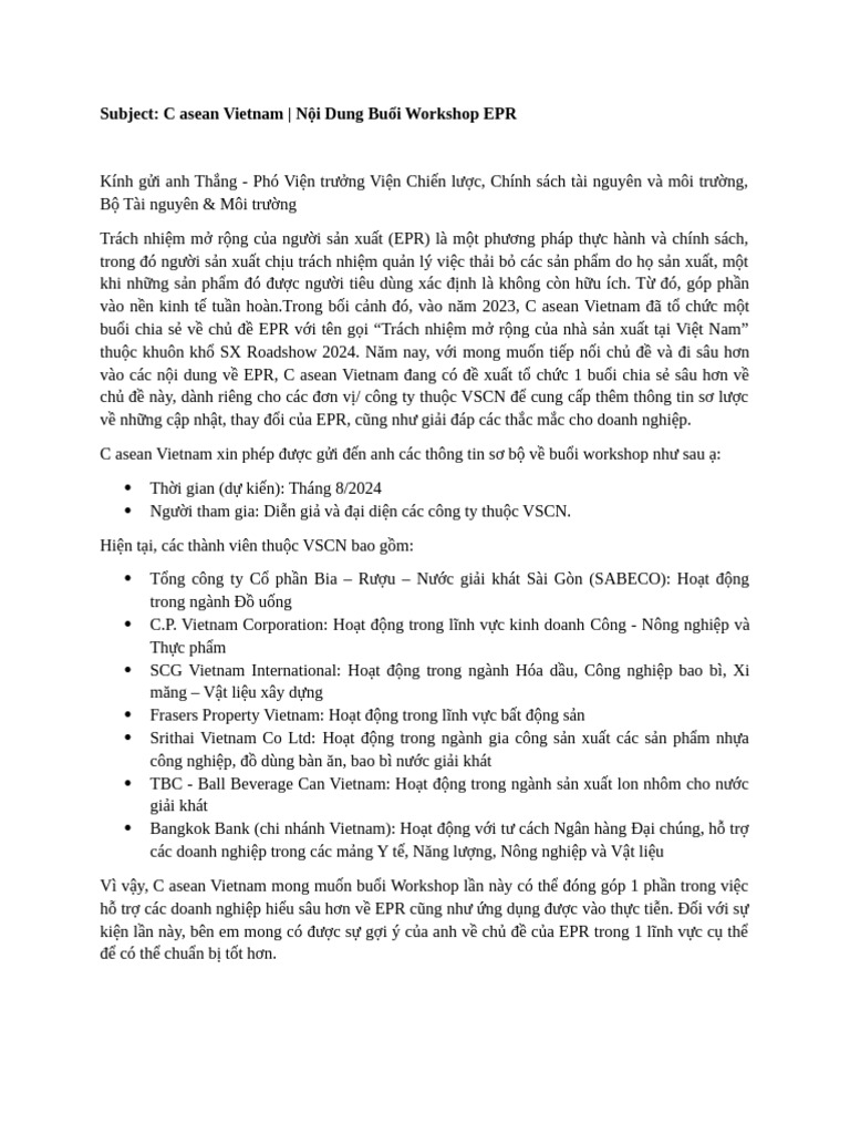 Draft Mail Anh Thắng EPR Update 1 | PDF | Southeast Asia | Career & Growth