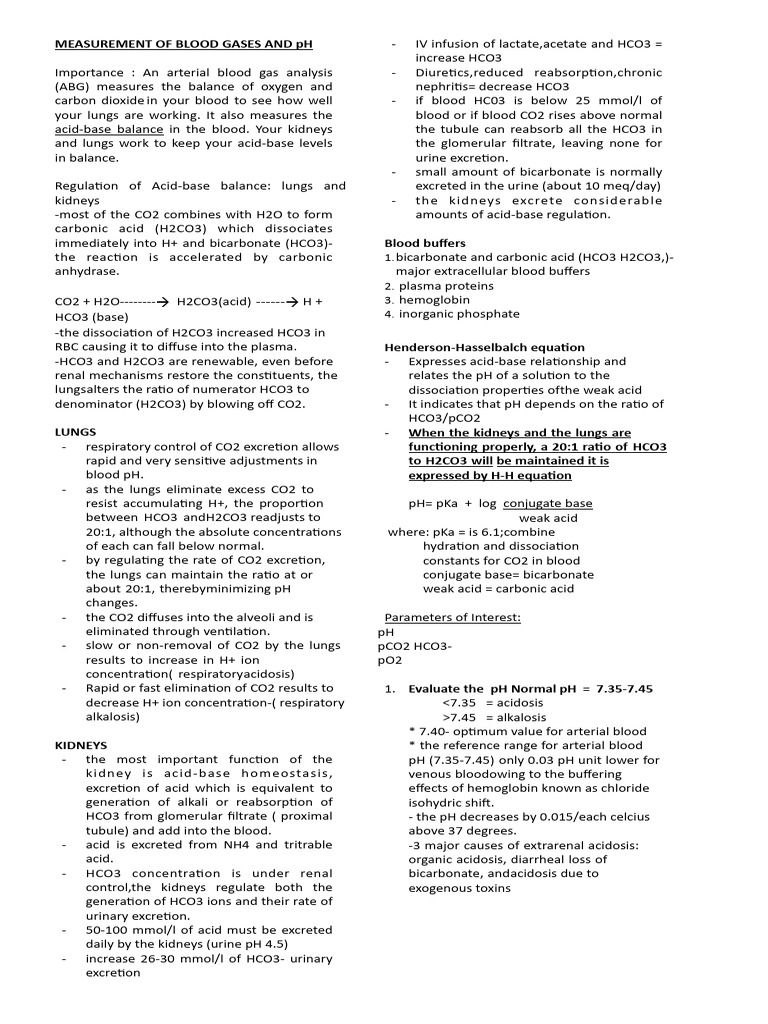 Blood Gases and pH Measurement Guide | PDF | Bicarbonate | Blood