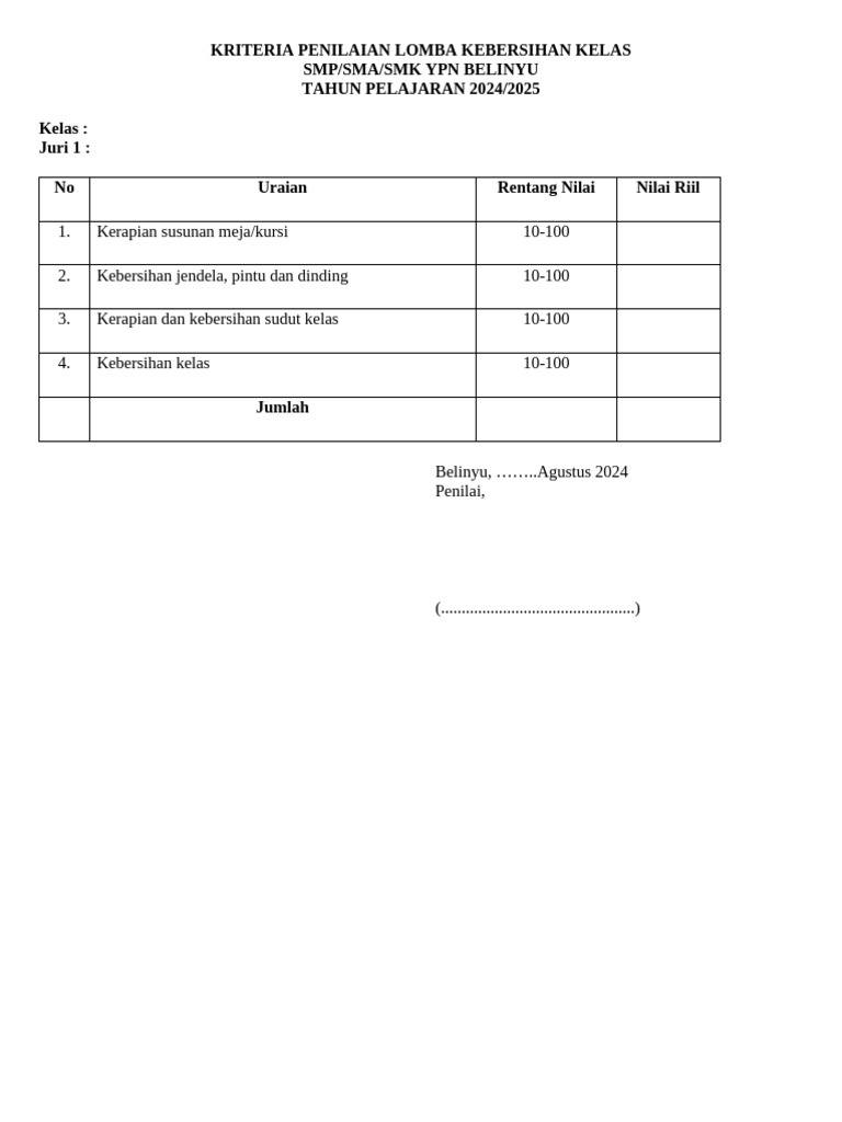 Kriteria Penilaian Lomba Kebersihan Kelas 2024 | PDF