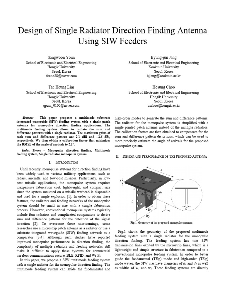 Design of Single Radiator Direction Finding Antenna Using SIW Feeders | PDF