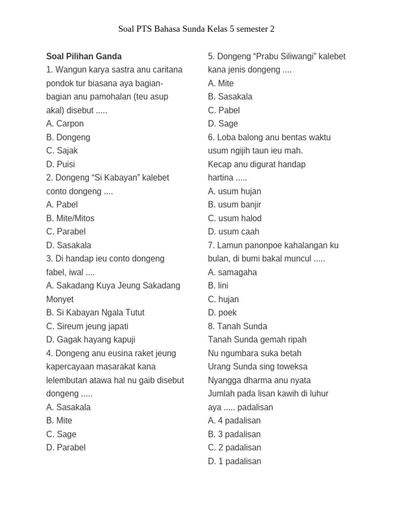 Soal PTS Bahasa Sunda Kelas 5 (Revisi) | PDF