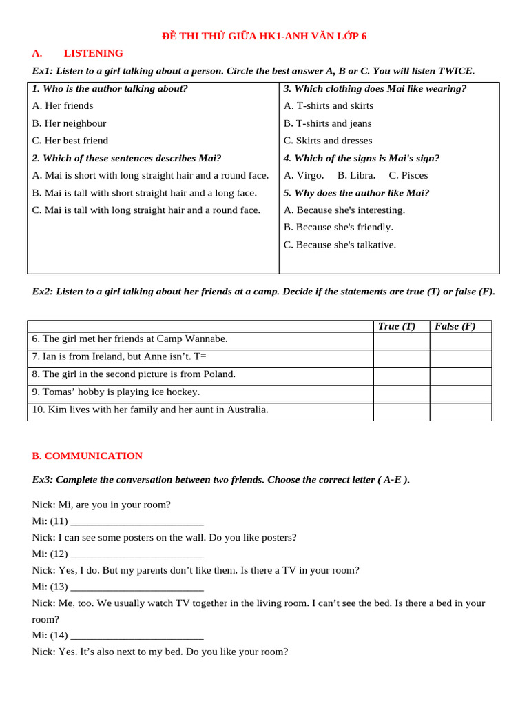 De Thi Thu Giua Hk1-Anh Van Lop 6 | PDF