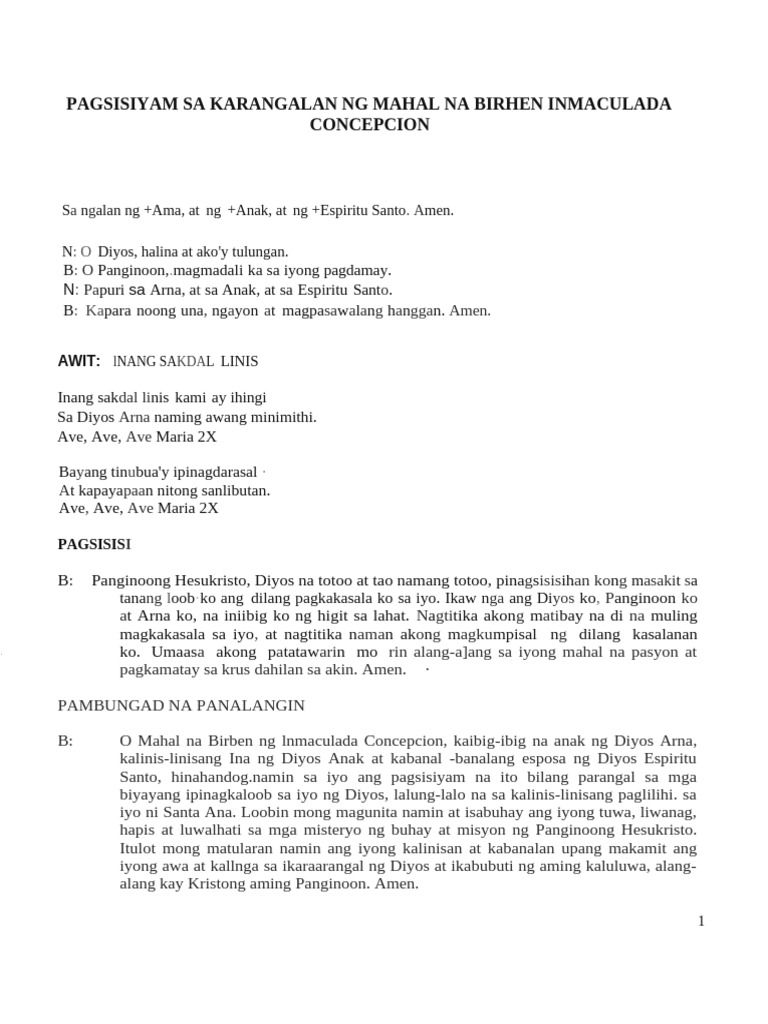 PAGSISIYAM SA KARANGALAN NG MAHAL NA BIRHENG INMACULADA CONCEPCION Ver ...