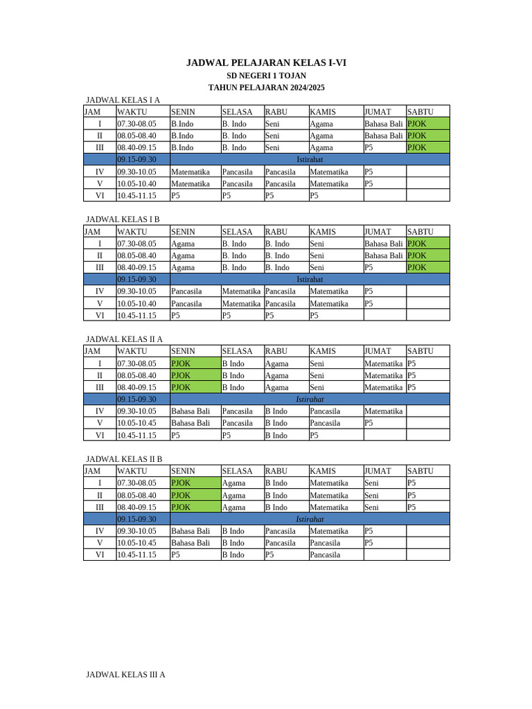 JADWAL PELAJARAN KELAS 1-6 2024-2025 revisi baru | PDF