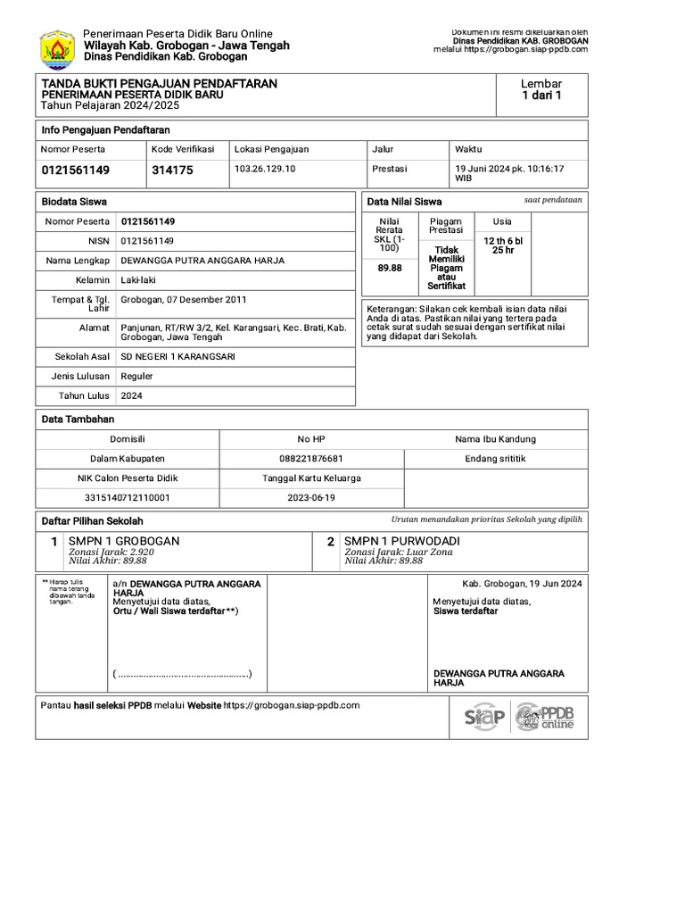 Tanda Bukti Pengajuan Pendaftaran - 0121561149 - Dewangga Putra Anggara Harja | PDF