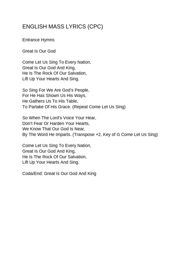 English Mass Lyrics CPC | PDF