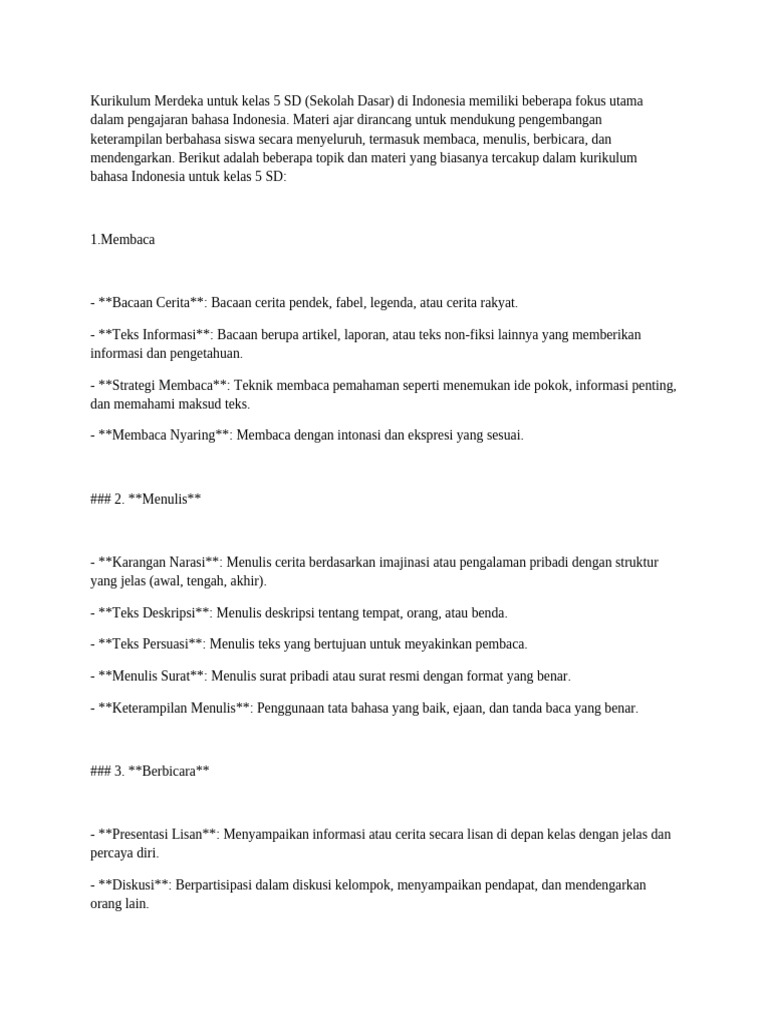 Bahasa Indonesia Kurikulum Merdeka Untuk Kelas 5 SD | PDF