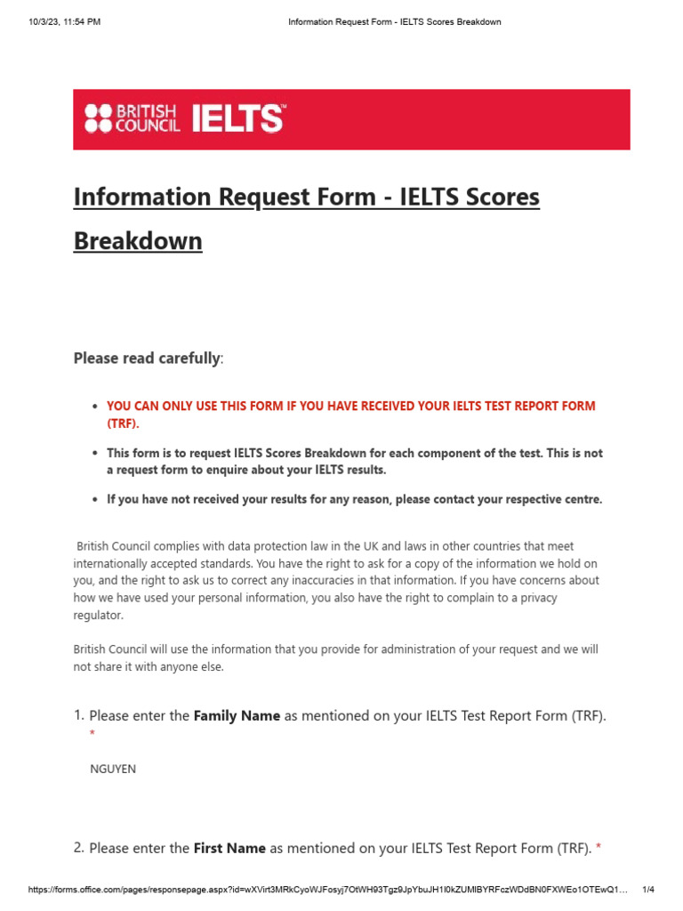 Information Request Form - IELTS Scores Breakdown | PDF