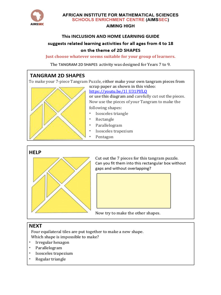 TANGRAM 2D SHAPES Inclusion and Home Learning Guide | PDF