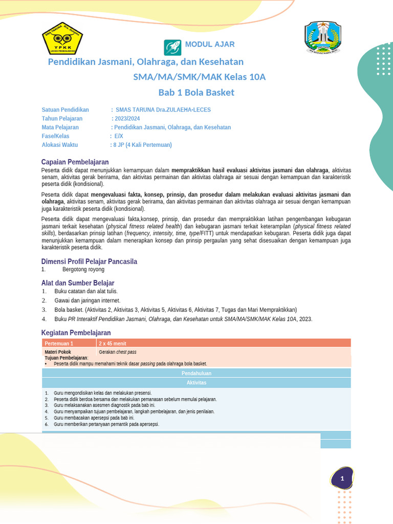 COBA Modul Ajar PJOK 10A 2023-2024 Bab 1 | PDF