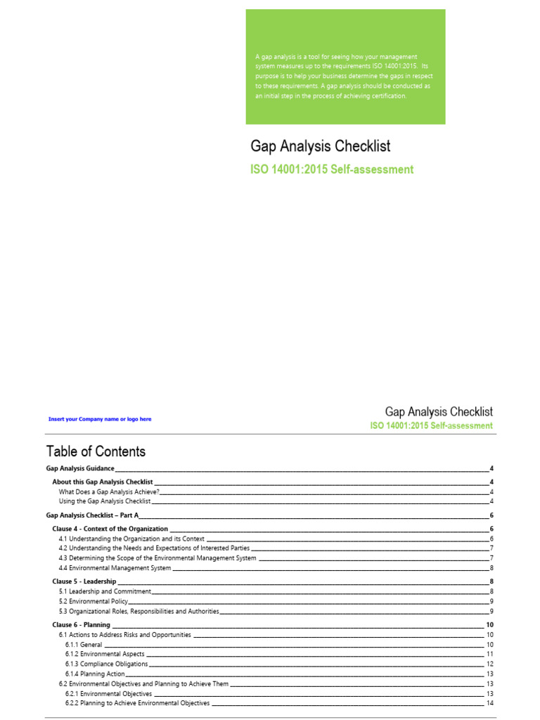 ISO 14001 2015 Gap Analysis Checklist Sample | PDF | Audit | Business