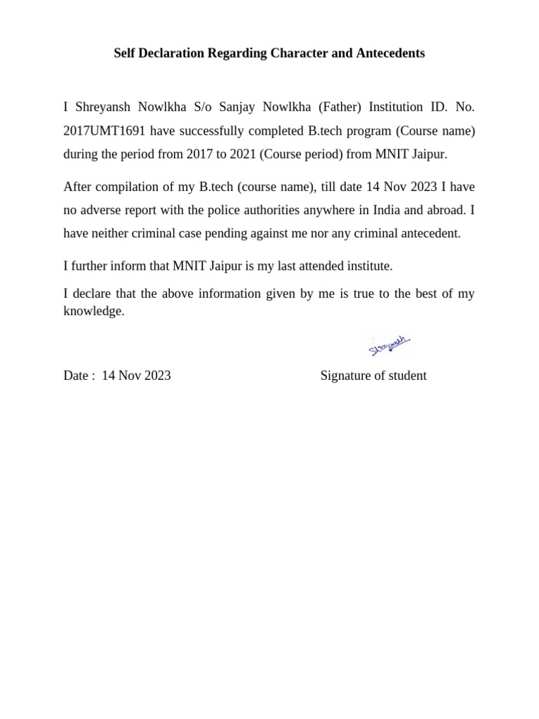 Format of Declaration For Character | PDF