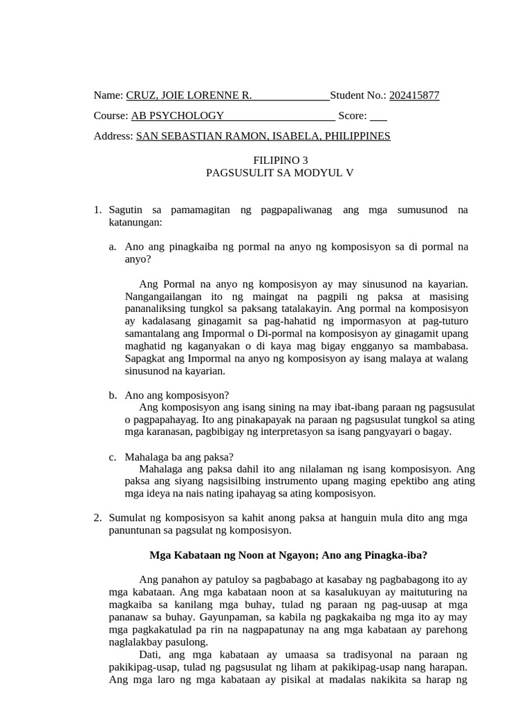 Filipino 3 Module V Module Test | PDF