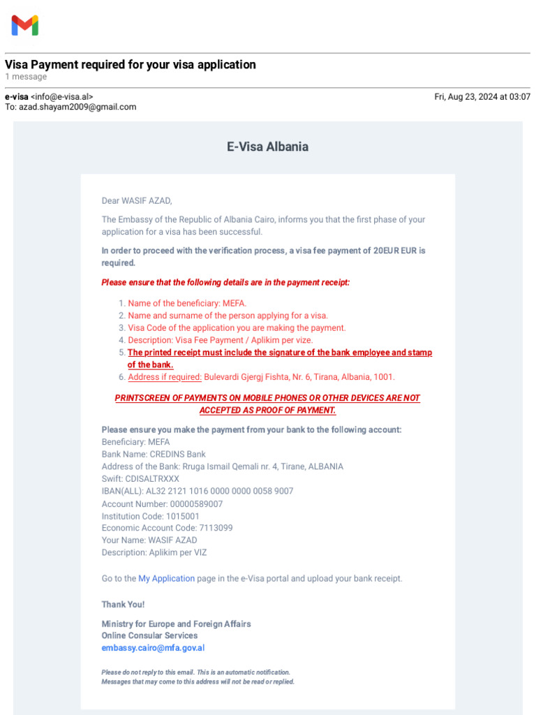 Gmail - Visa Payment Required For Your Visa Application | PDF