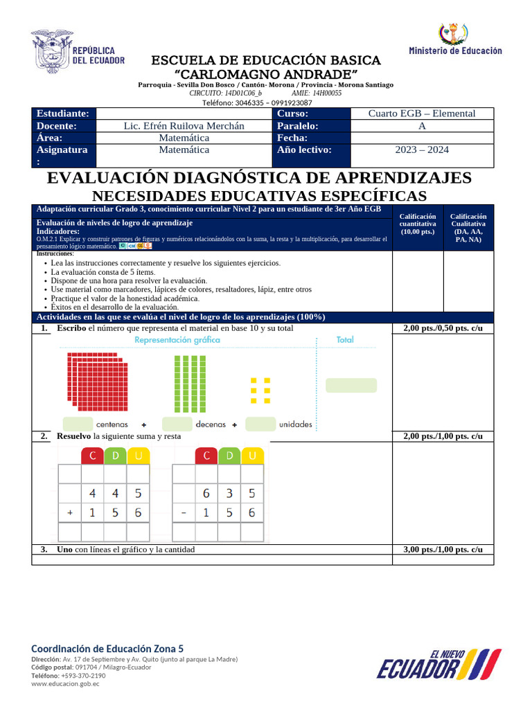 Eval Diagnóstica de Aprendizajes Nee 3ro Bgu Mat - Video | PDF