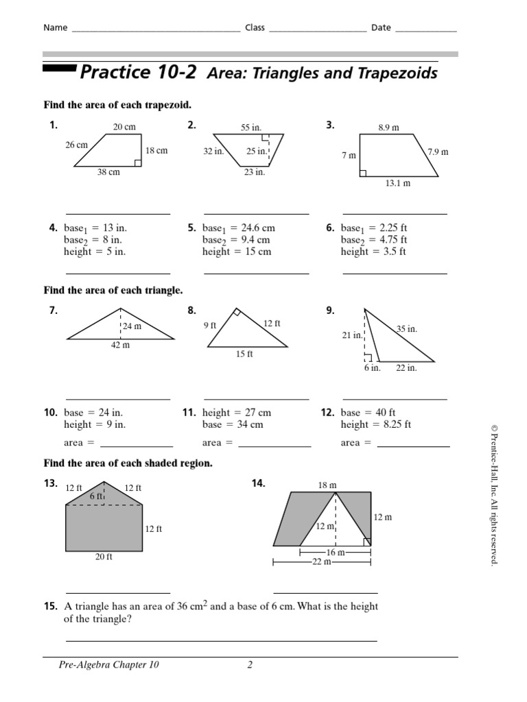 Practice 10-2: Area: Triangles and Trapezoids | PDF