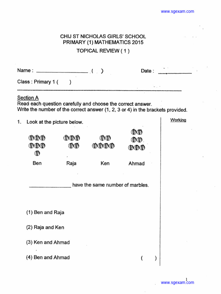2015 P1 Maths Test CHIJ ST Nicholas | PDF