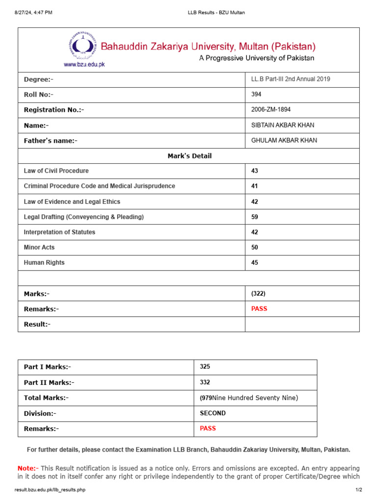 LLB Results - BZU Multan | PDF | Public Law | Government