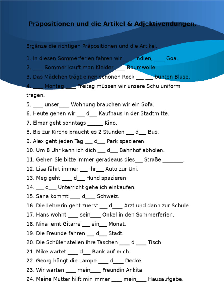 Präpositionen Und Die Artikel & Adjective Endings Worksheet SMP | PDF