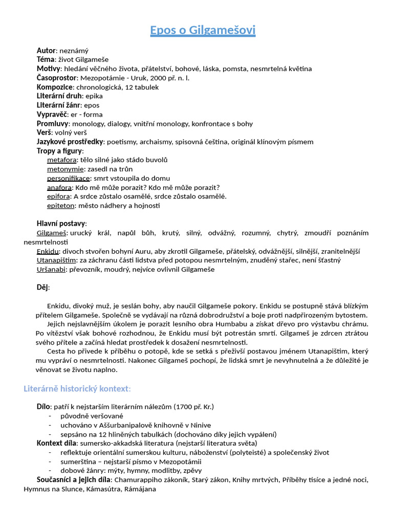 Epos o Gilgamešovi Rozbor K Maturitě | PDF
