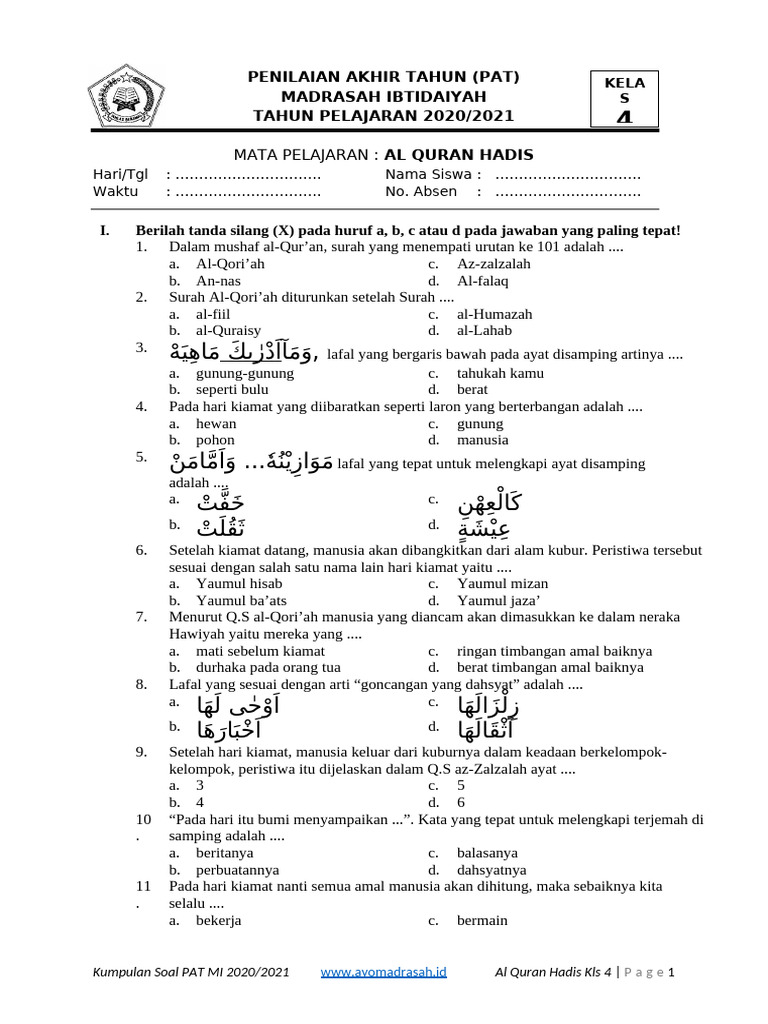 Soal Al Quran Hadis Kls 4 | PDF