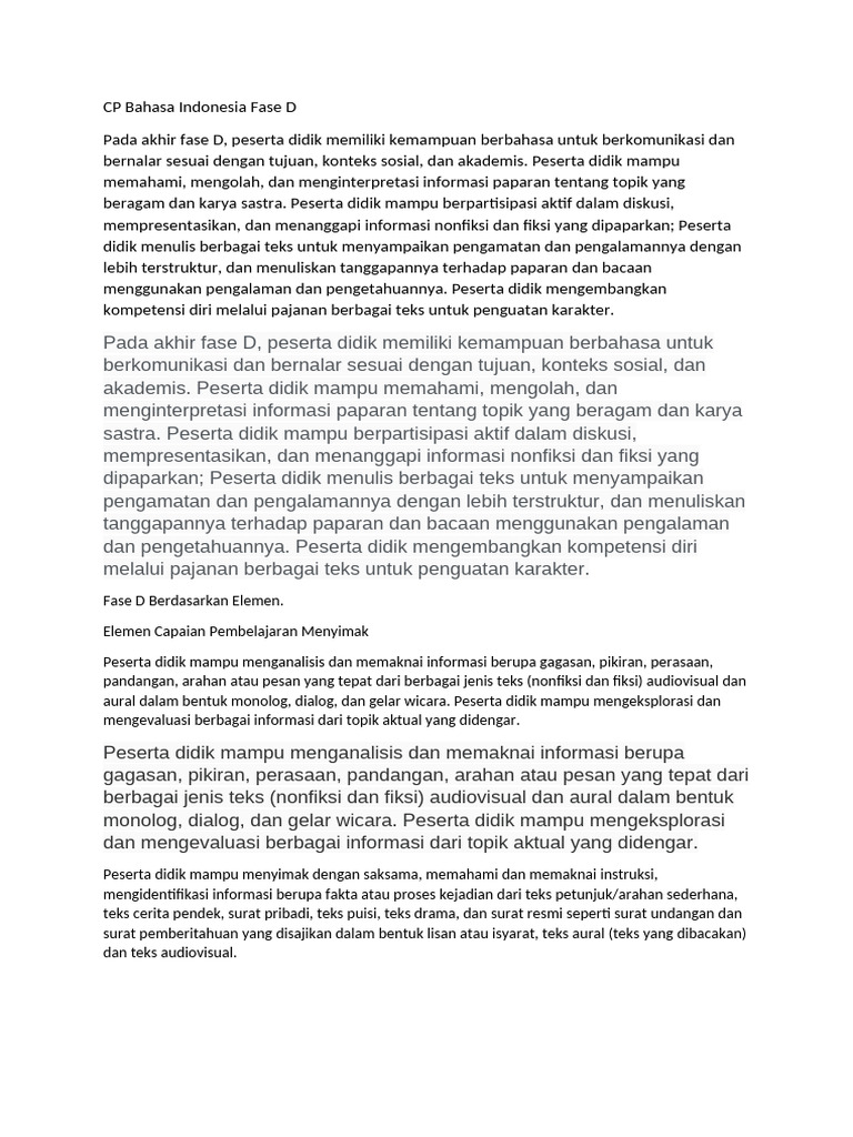 CP Bahasa Indonesia Fase D | PDF