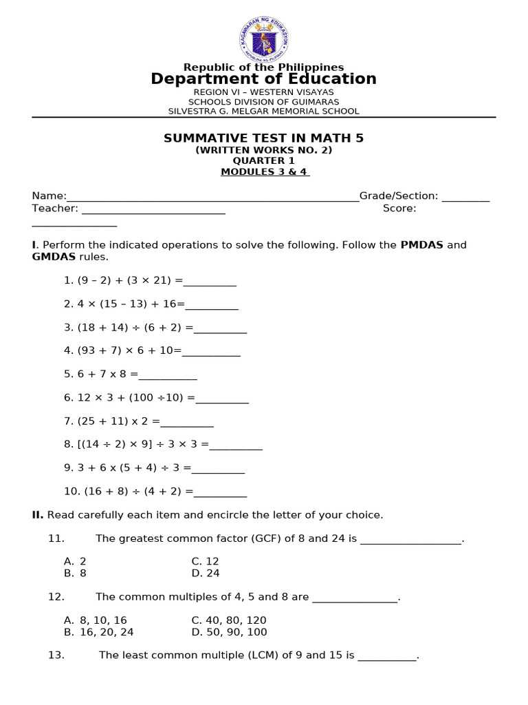 SUMMATIVE TEST IN MATH 5 - Week 3-4 | PDF