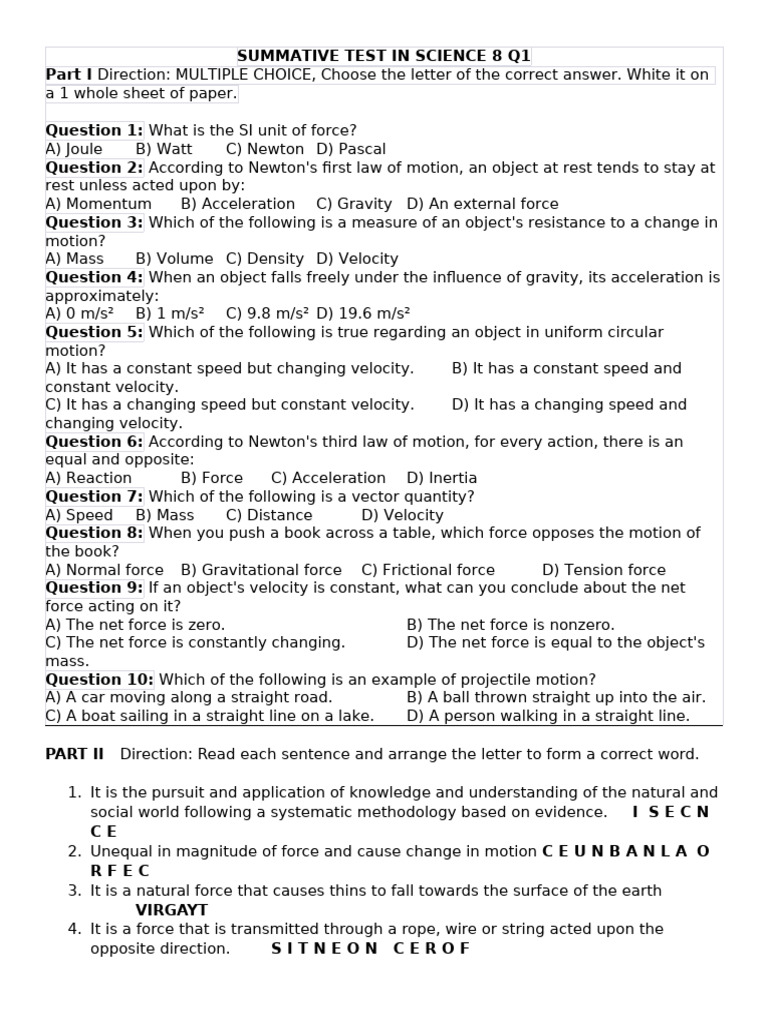Summative Test in Science 8 q1 | PDF