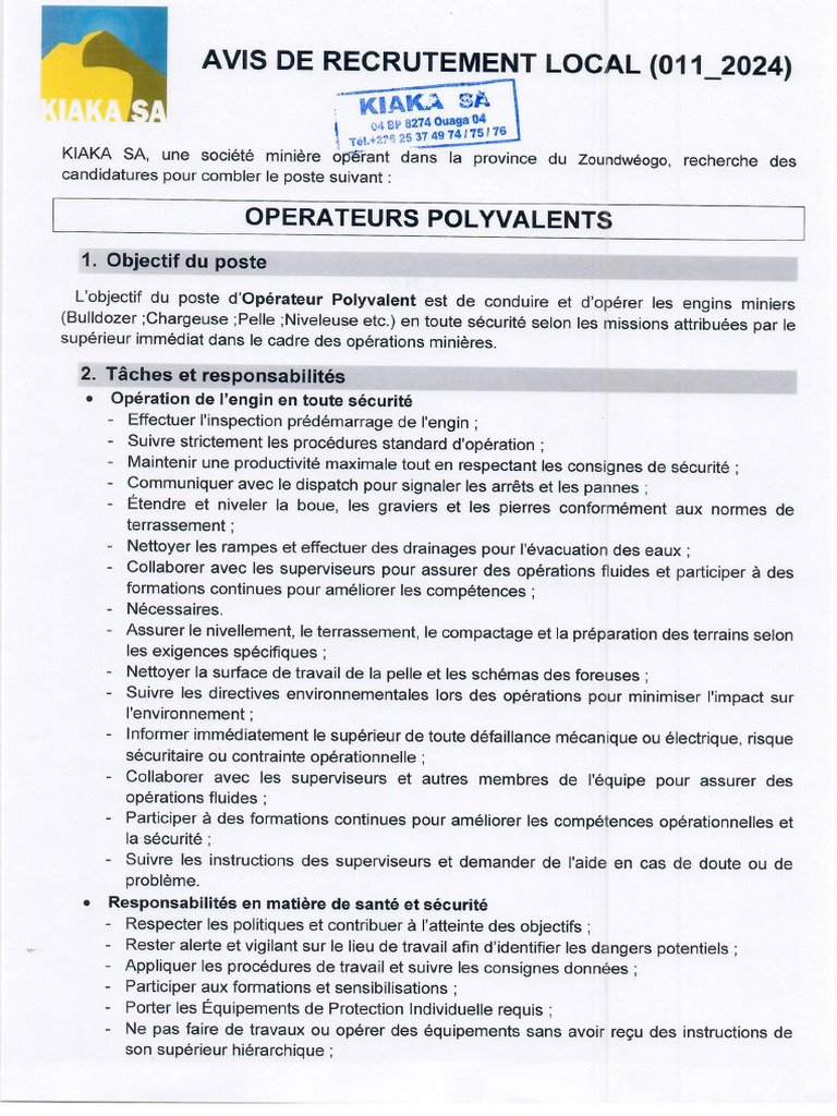 Avis de Recrutement Local Opérateur Polyvalent 011 - 2024 | PDF
