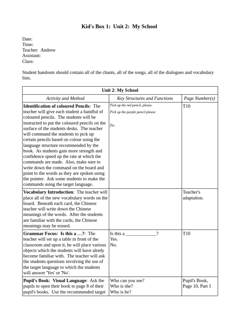 My School: Kid's Box 1 Unit 2 Activities | PDF | Self Actualization ...