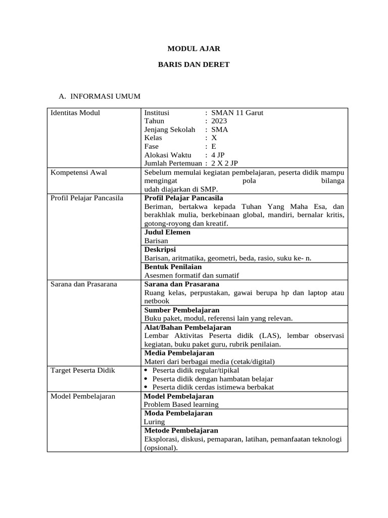 MODUL AJAR Barisan dan Deret (Barisan Arit dan Geo) | PDF