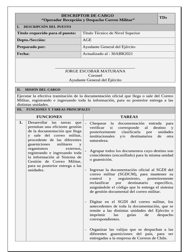 Descriptor Cargo Operador Correo Militar | PDF