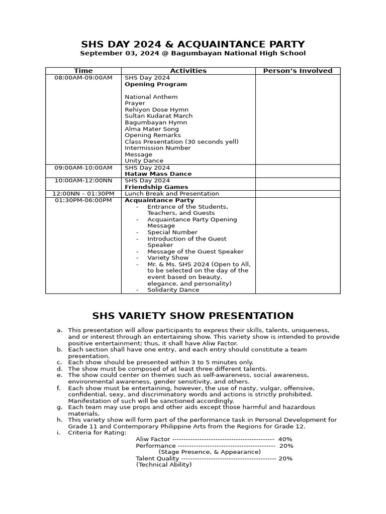 SHS Day 2024 Acquaintance Party Agenda | PDF