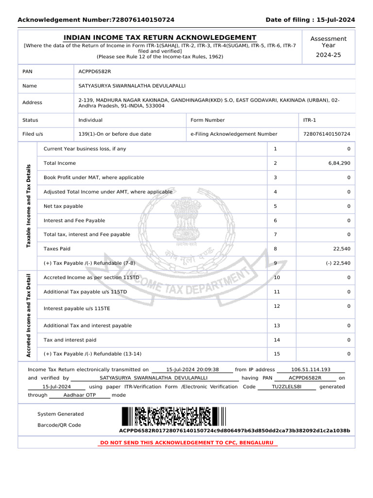 ITR-V Acknowledgement 728076140150724 | PDF