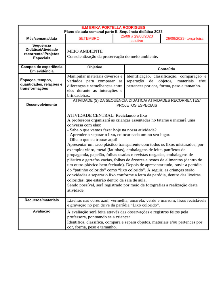Planejamento de 25 09 2023 A 29 09 2023 Coletivo | PDF | Desperdício | Cor
