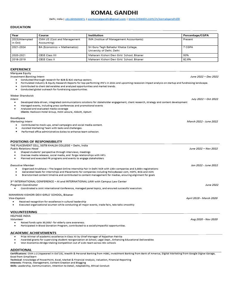 Komal Gandhi CV | PDF