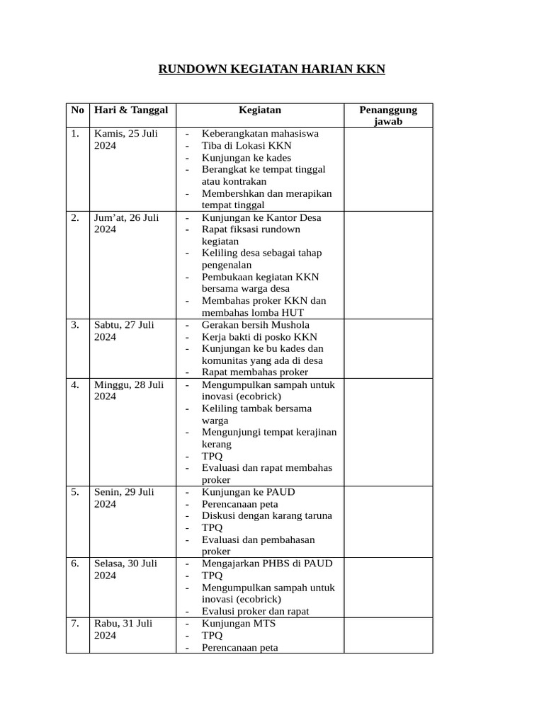Rundown Kegiatan Harian KKN | PDF