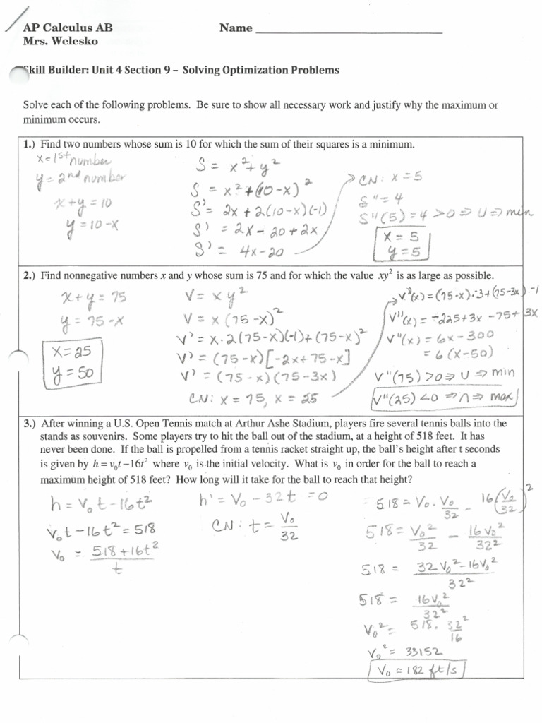 AP Calc Unit 4 - 09 Optimization Answers | PDF