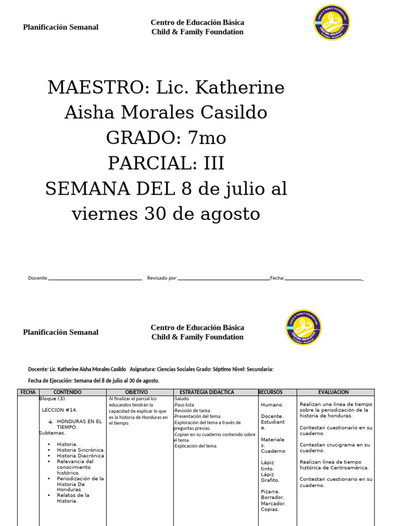 Formato Plan de Clase 7mo Grado Ciencias Sociales | PDF