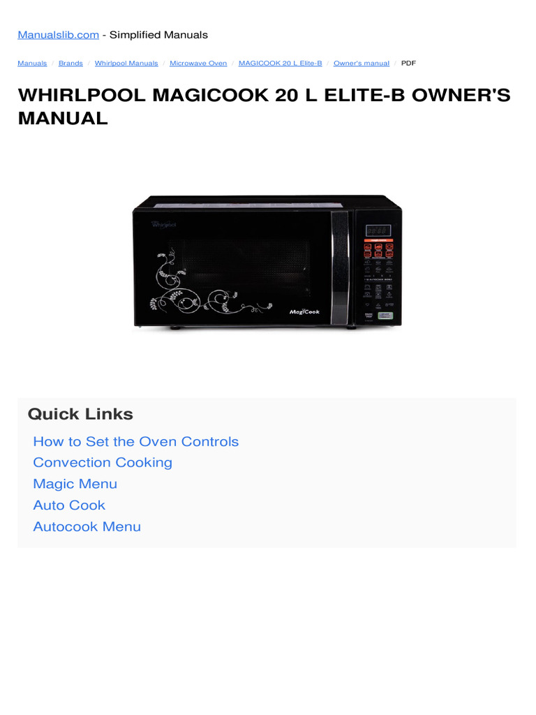Whirlpool Magicook 20 L Elite-B Owner'S Manual: Quick Links | PDF