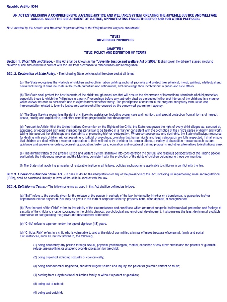 Ra 9344 Juvenile Justice Act of 2006 | PDF | Crime & Violence | Crime ...