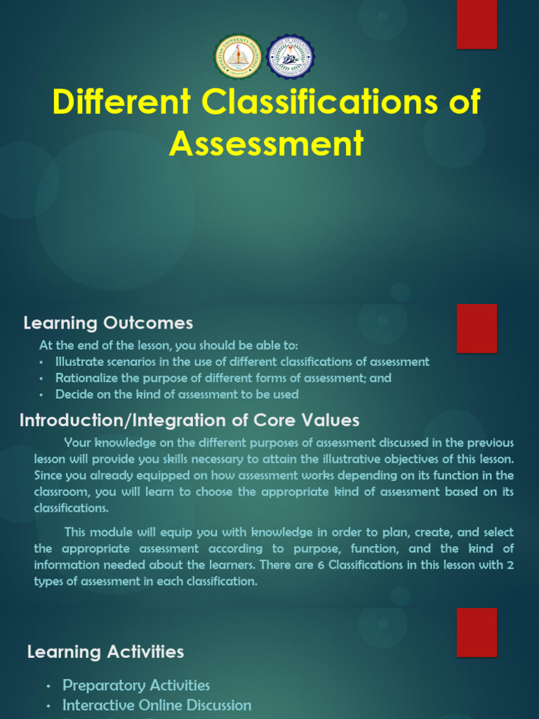 Lesson 3 Different Classifications of Assessment | PDF