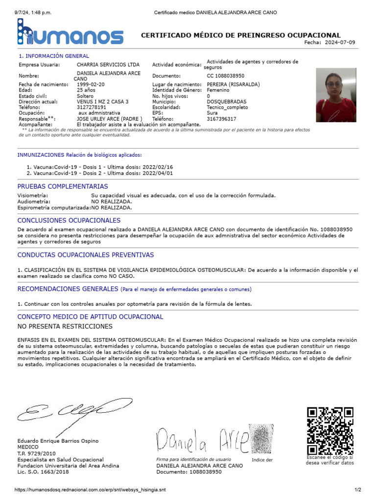 Certificado Medico DANIELA ALEJANDRA ARCE CANO | PDF