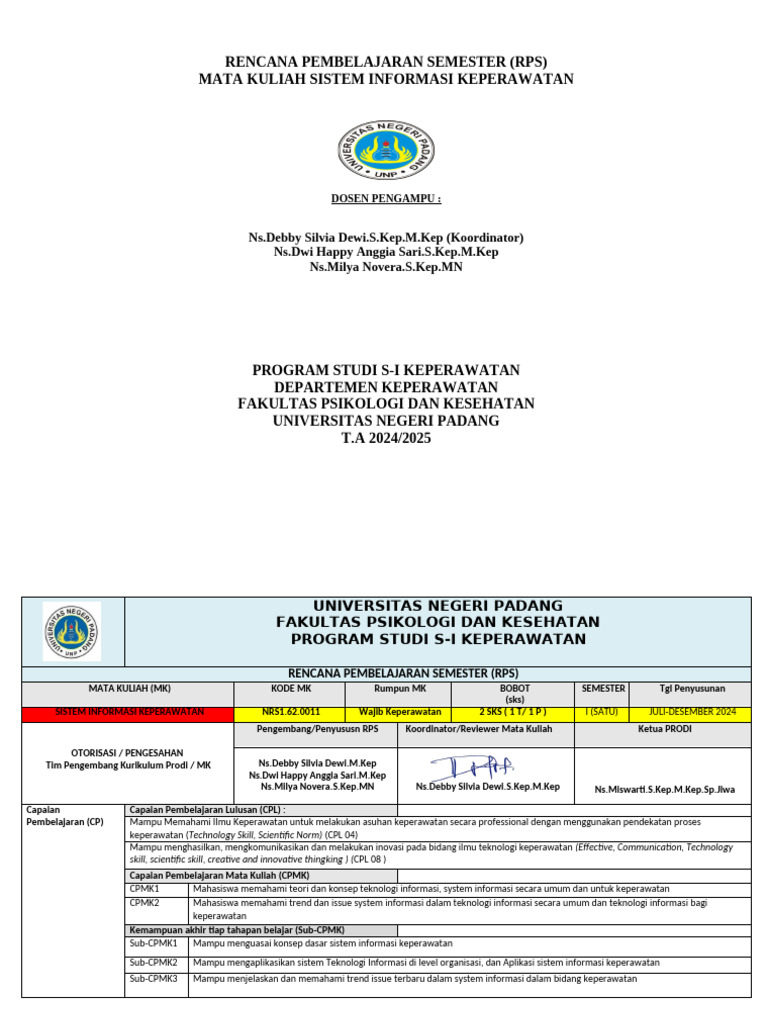 RPS Dan RTM Sistem Informasi Keperawatan S1 Kep Jul Des 2024 DSD | PDF