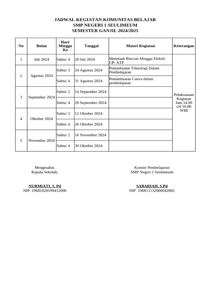 Jadwal Kegiatan Komunitas Belajar-1 | PDF