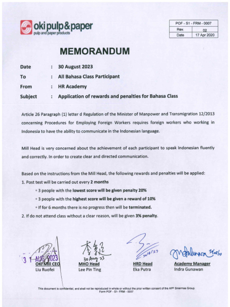 Memorandum - Application of Rewards and Penalties For Bahasa Class | PDF