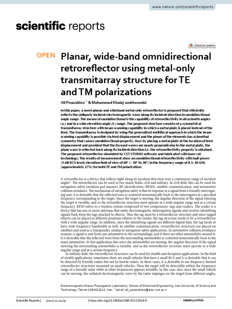 Planar, Wide Band Omnidirectional Retroreflector Using Metal Only ...