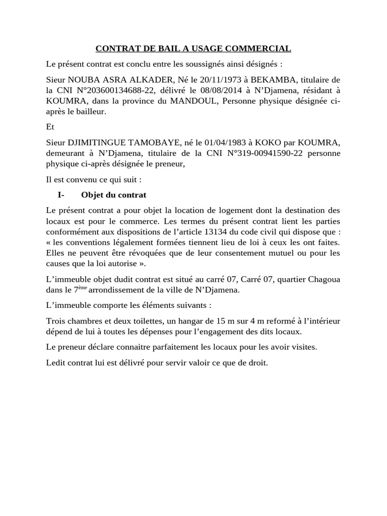 Contrat de Bail A Usage Commercial | PDF
